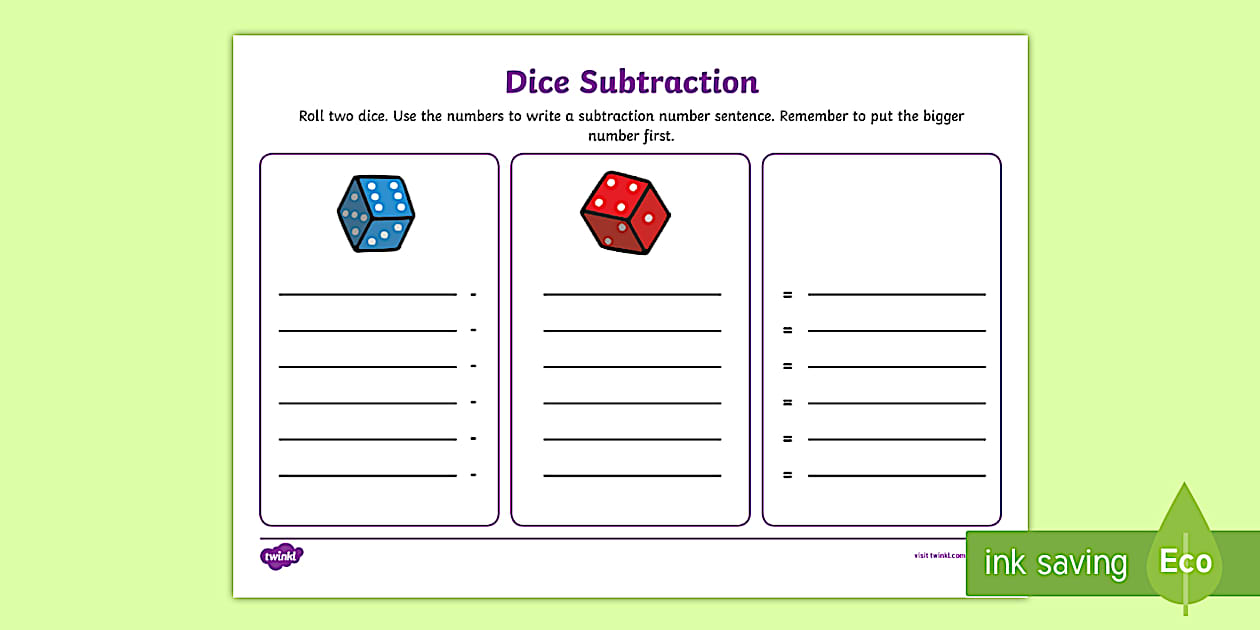 Black and White NI KS1 Numeracy Dice subtraction Activity Mat