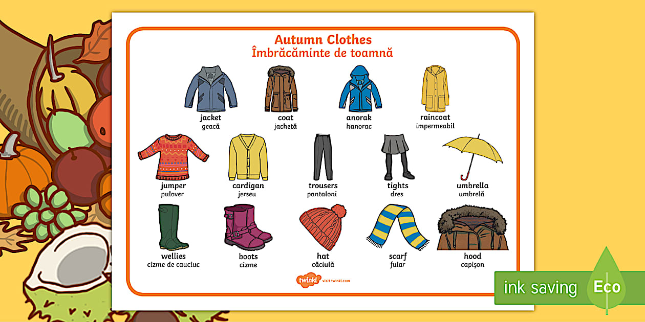 Autumn Clothes Word Mat English/Romanian - Twinkl