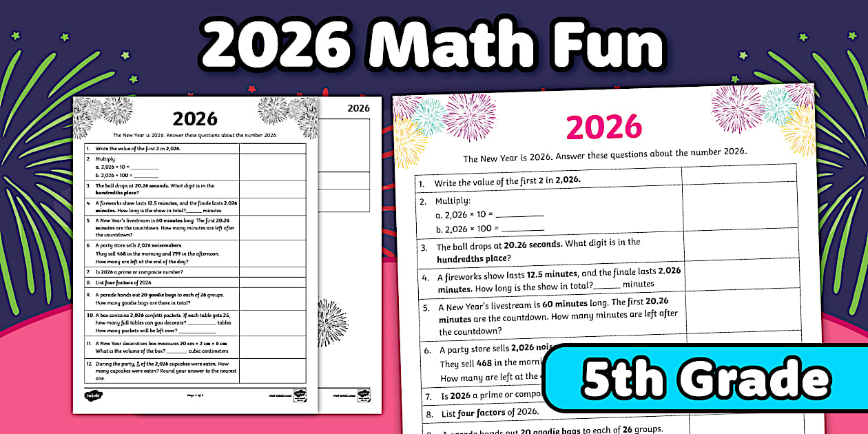 Fifth Grade New Year 2026 Math Fun Worksheet