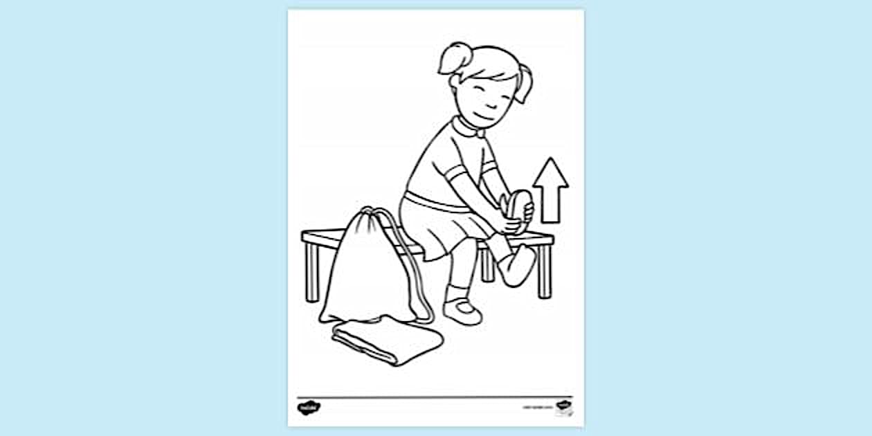 Girl Putting on PE Shoes Colouring | Colouring Sheets
