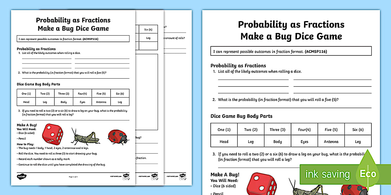 Probability as Fraction Make a Bug Dice Game Activity