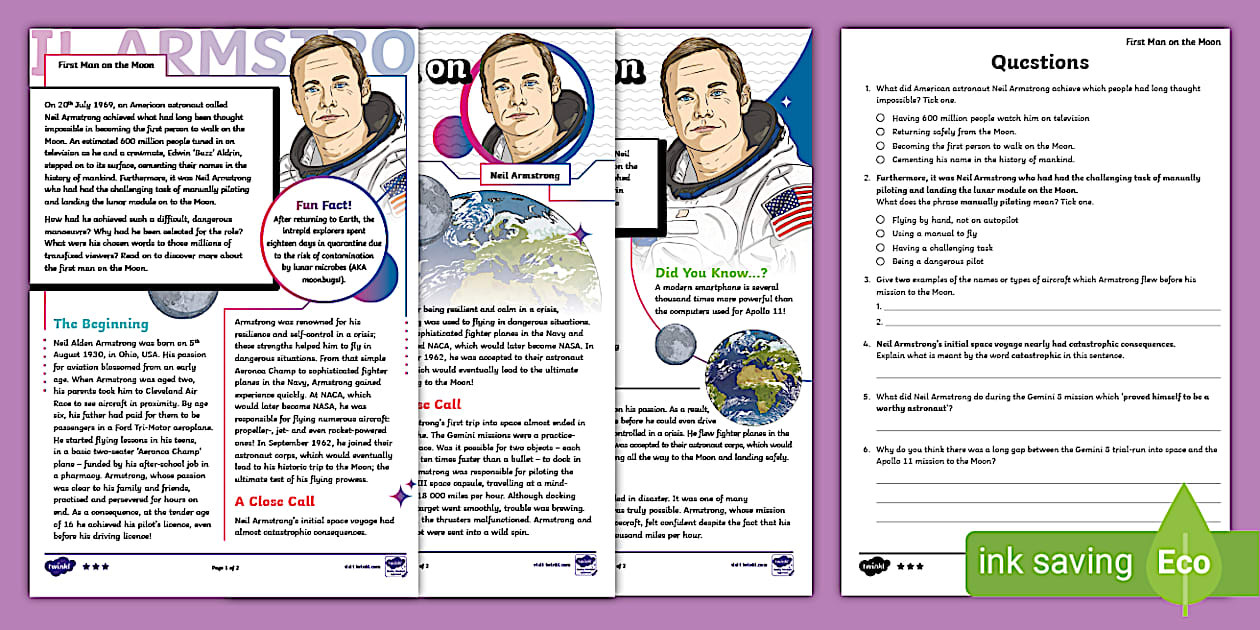 UKS2 Neil Armstrong Differentiated Reading Comprehension Activity