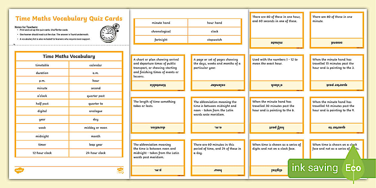 Time Maths Vocabulary Quiz Cards (teacher made) - Twinkl