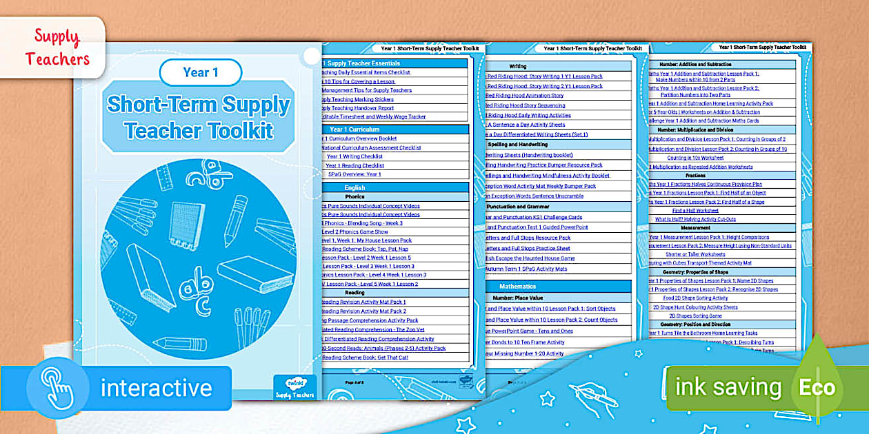 Year 1 Short-Term Supply Teacher Toolkit (teacher made)