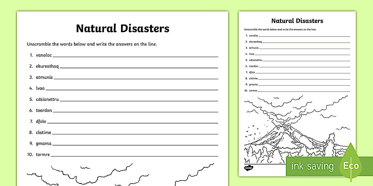 Natural Disasters Worksheet - PDF - Word Unscramble - ESL