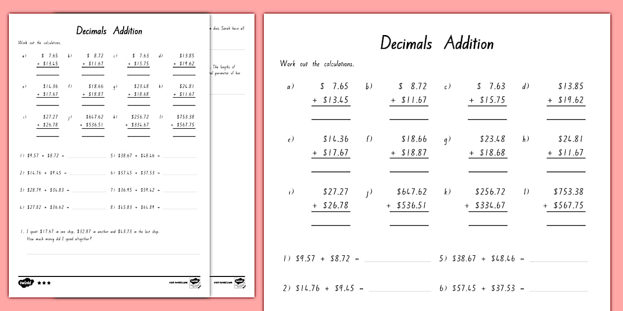 Decimal Addition Activity (teacher made) - Twinkl