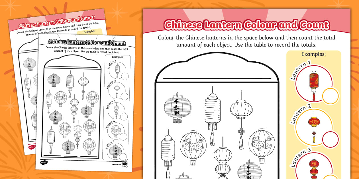 Chinese Lantern Colour and Count Worksheet - Twinkl