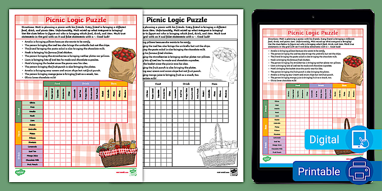 Brain Break Puzzles | Picnic Logic Puzzle for 6th-8th Grade