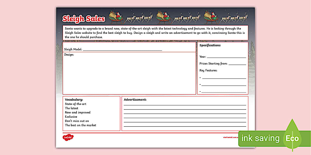 Christmas Design and Writing Task | Design a Sleigh - Twinkl