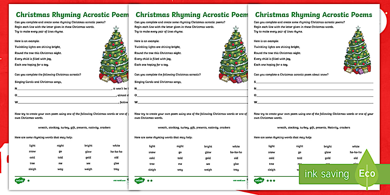 Rhyming Christmas Acrostic Poems Differentiated Worksheet / Worksheets