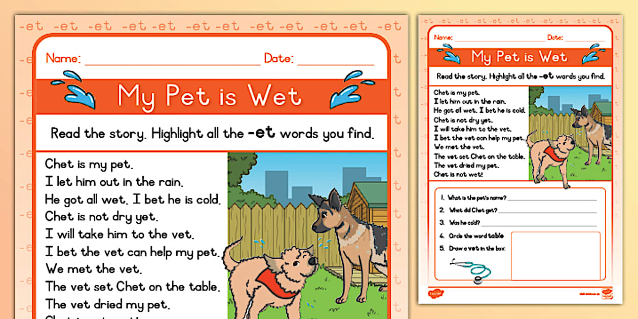 Grade 1 Independent Reading Assessment Activity and Rubric - 'et' sound