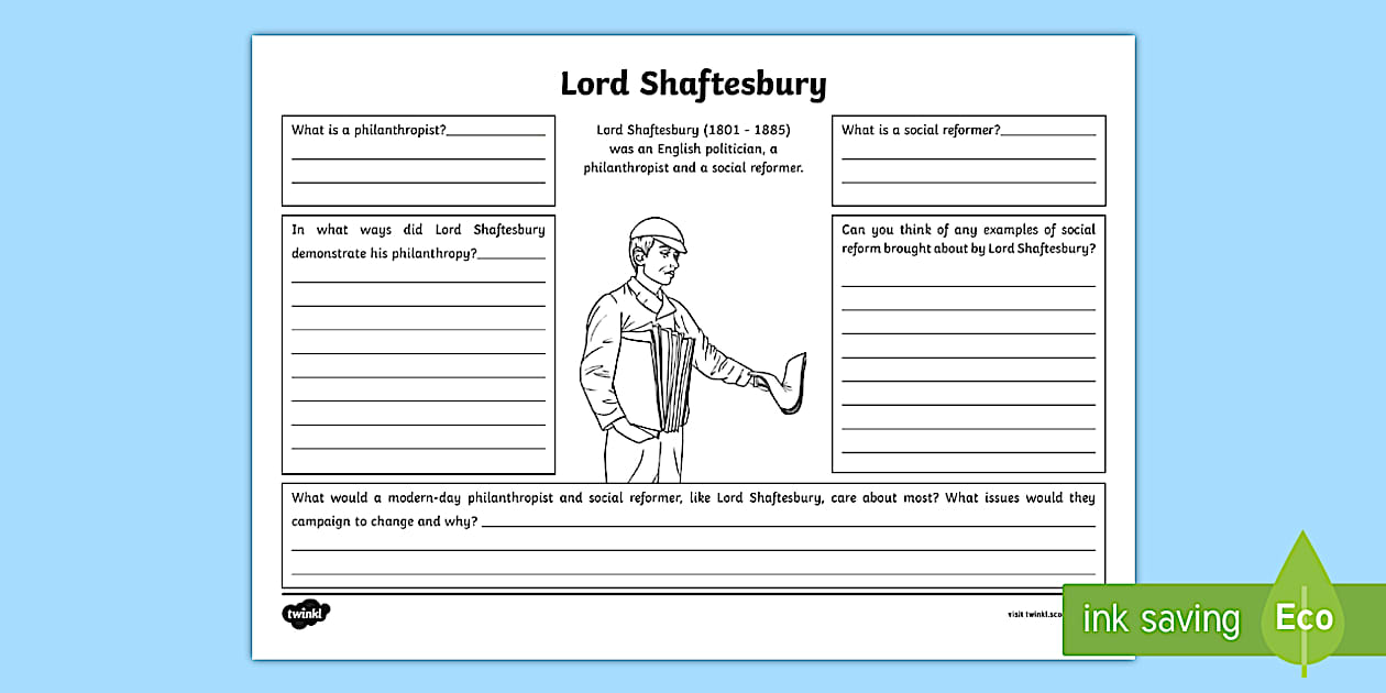 Lord Shaftesbury Philanthropist and Social Reformer Worksheet / Worksheet