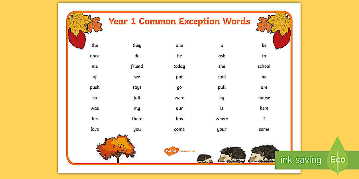 Year 1 Common Exception Words Autumn-Themed Word Mat