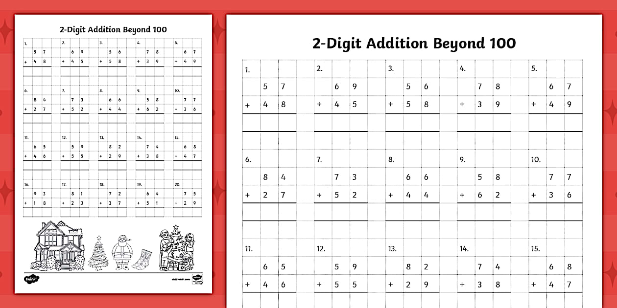 Christmas 2-Digit Addition beyond 100 Squared Paper Activity