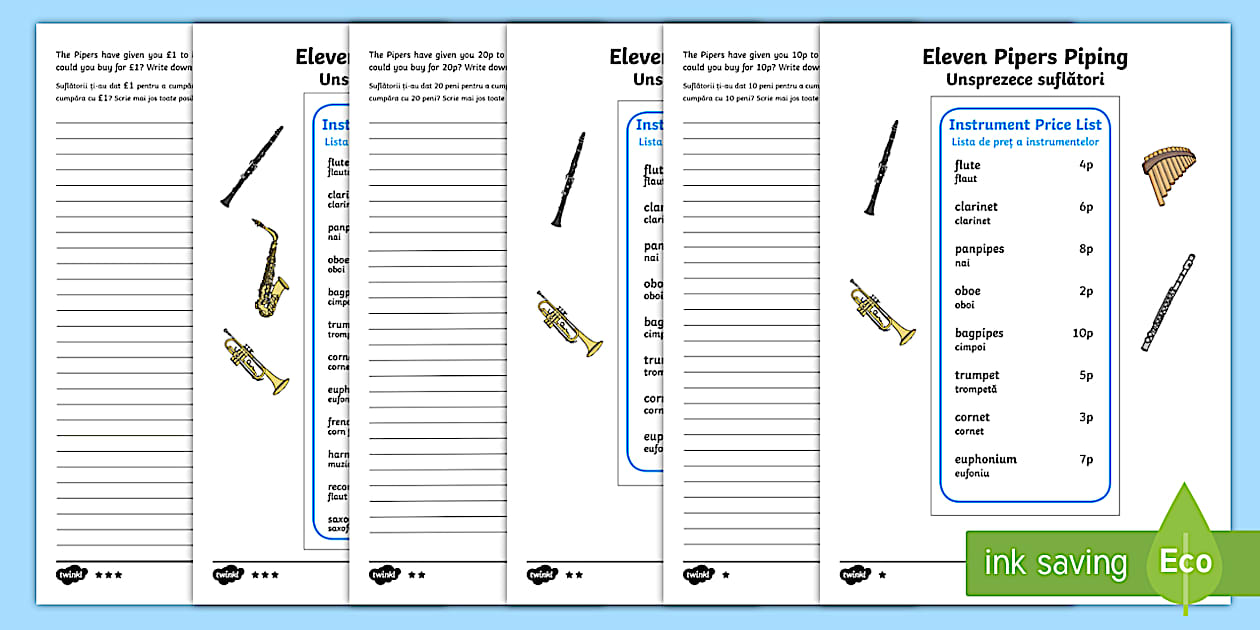 Eleven Pipers Piping Worksheet / Worksheet English/Romanian