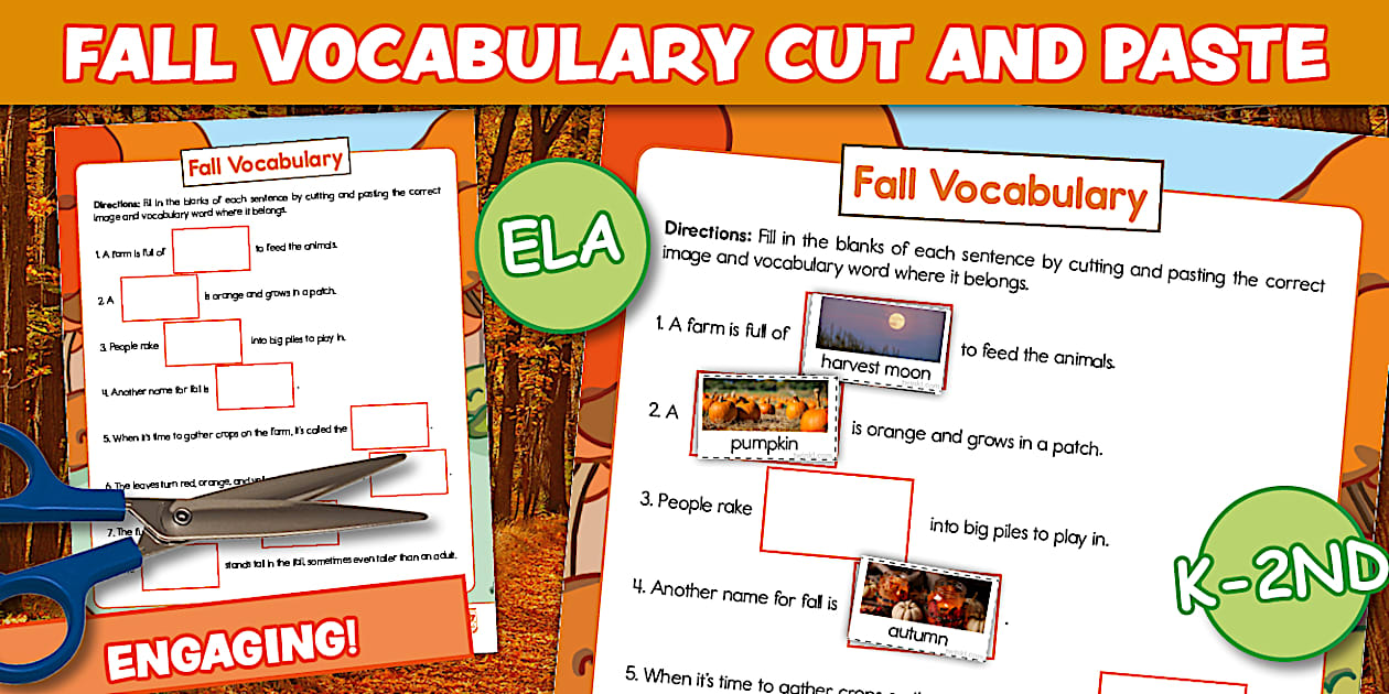 Fall Vocabulary Cut and Paste Worksheet for K-2nd Grade