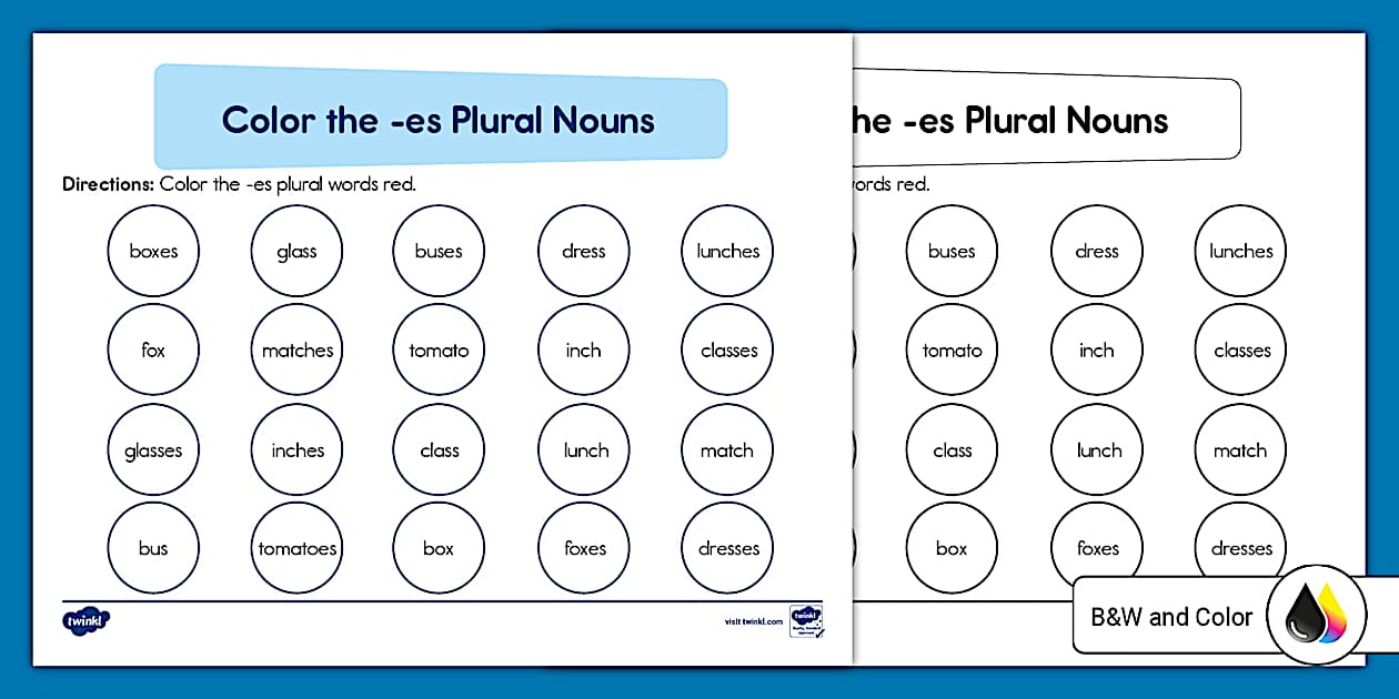 Kindergarten Color the -es Plural Nouns Worksheet - Twinkl