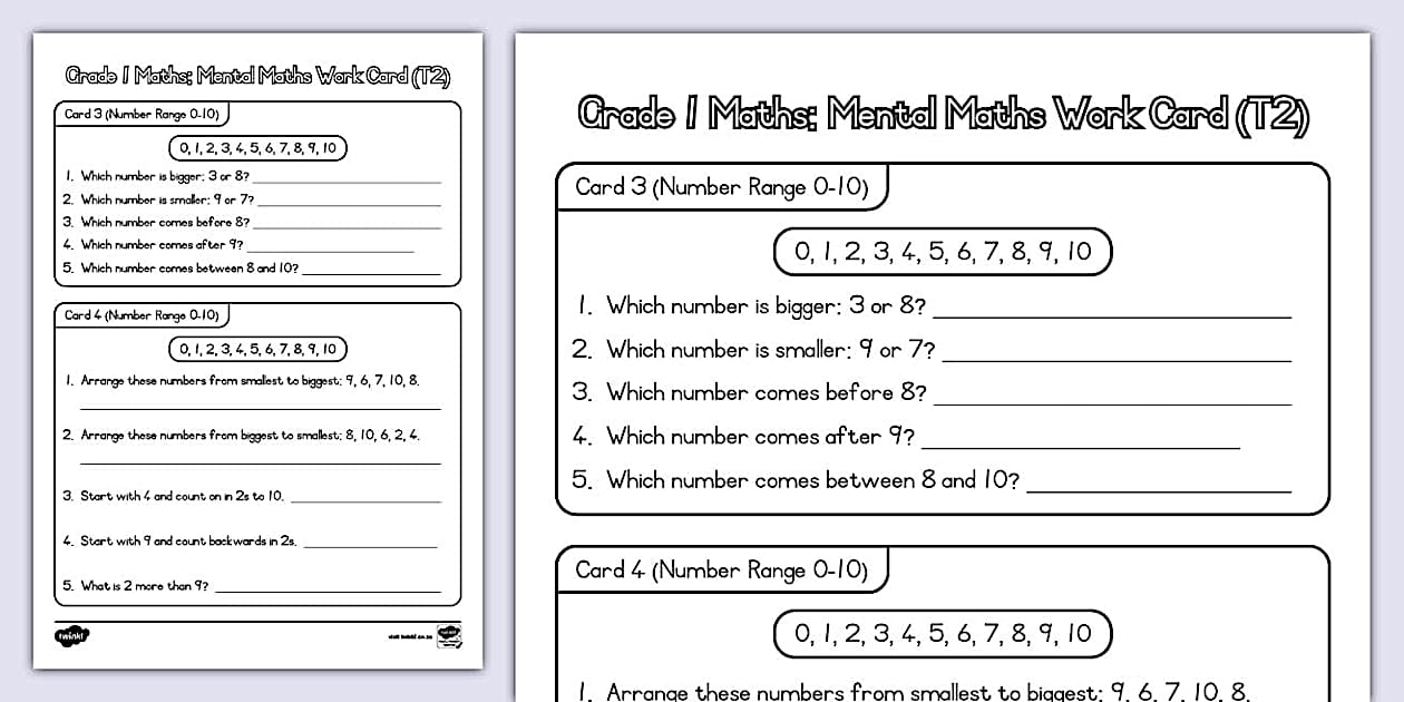 Grade 1 Maths: Mental Maths: Work Cards: 3 and 4 (T2)