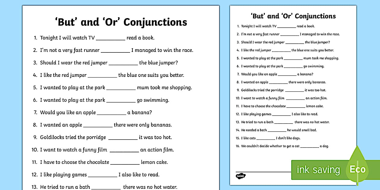 'But' and 'Or' Conjunctions Worksheet / Worksheet