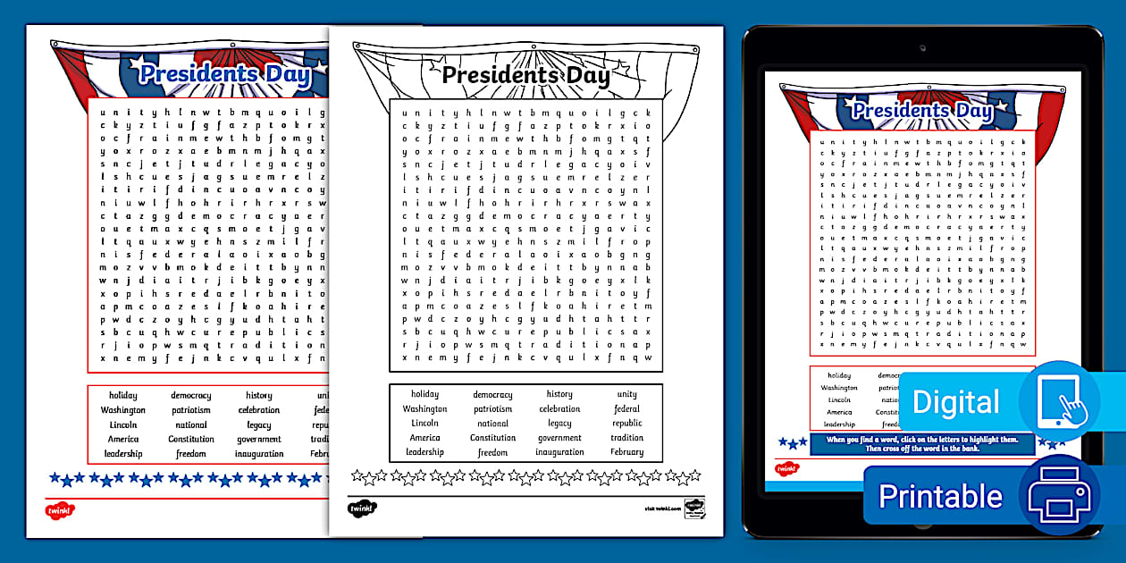 Presidents Day Word Search for 6th-8th Grade - Twinkl