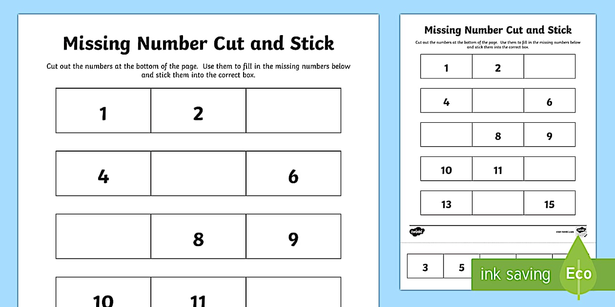 Early Level Missing Numbers Cut and Stick Worksheet - Twinkl