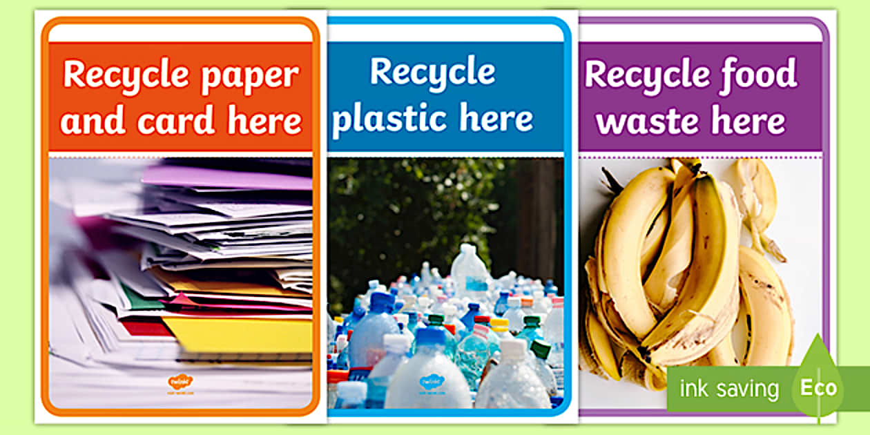 Cursive Recycling Bins Photo Display Labels - Twinkl