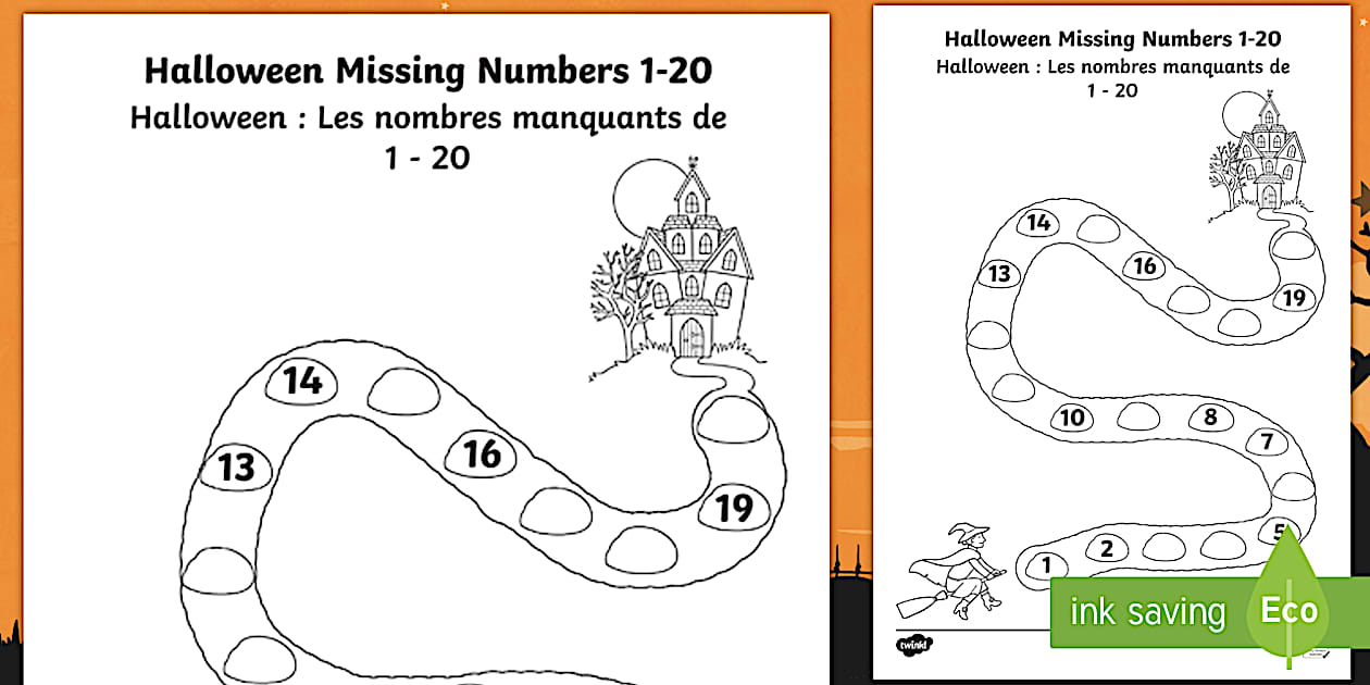 Halloween Missing Numbers to 20 French Worksheet - Twinkl