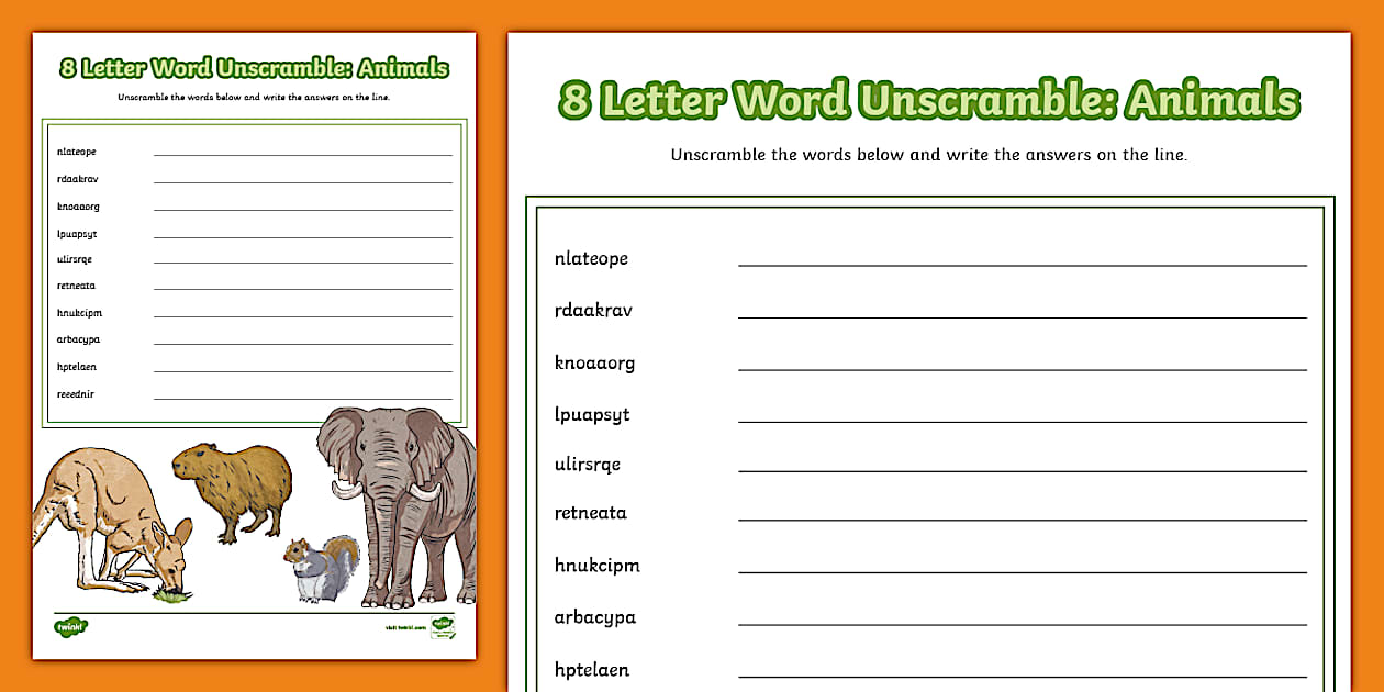 Animals with Eight Letters Unscramble Worksheet - Twinkl