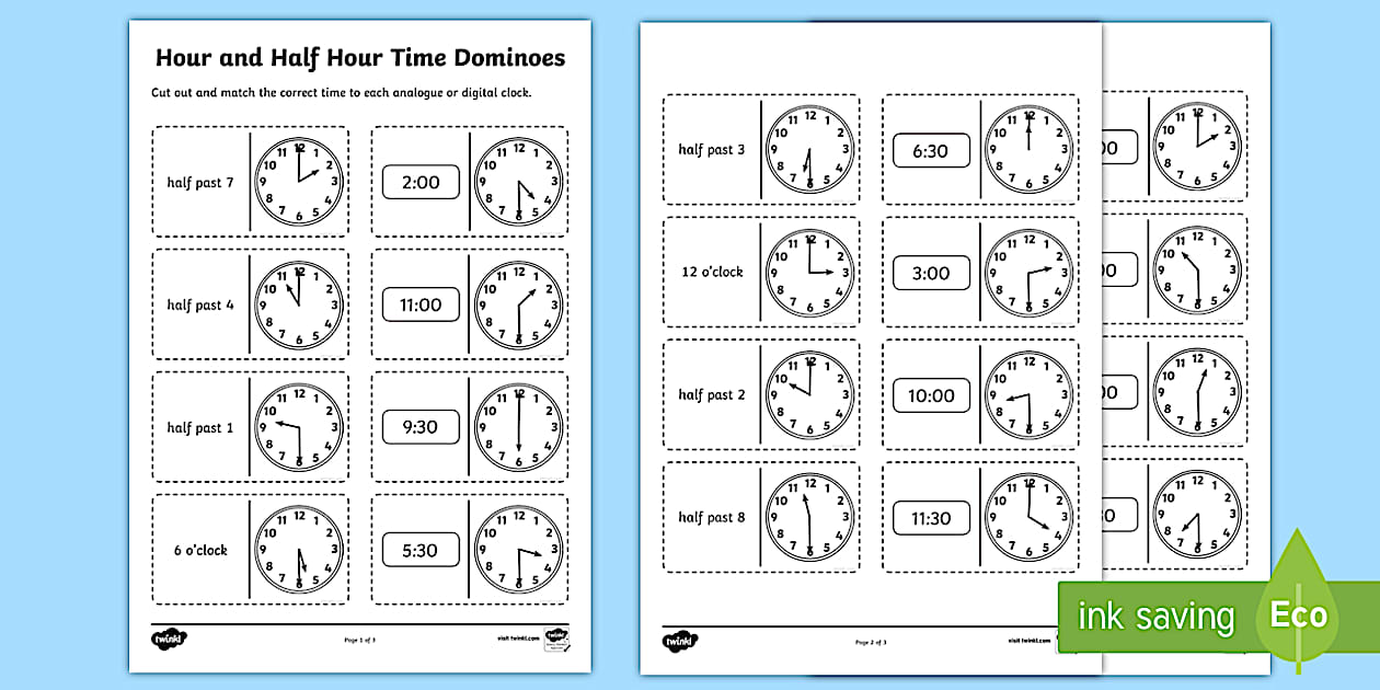 Year 1 Hour and Half Hour Time Dominoes (teacher made)
