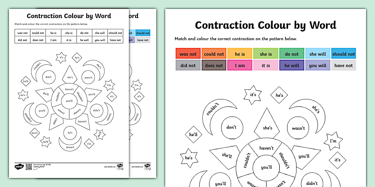 Contractions Colouring by Word Worksheet (teacher made)