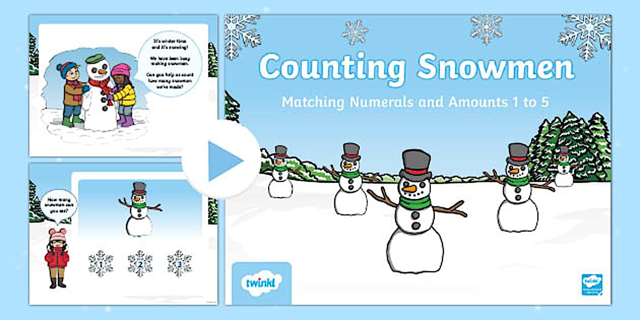 👉 Counting Snowmen Matching Numerals and Amounts 1 to 5 PowerPoint