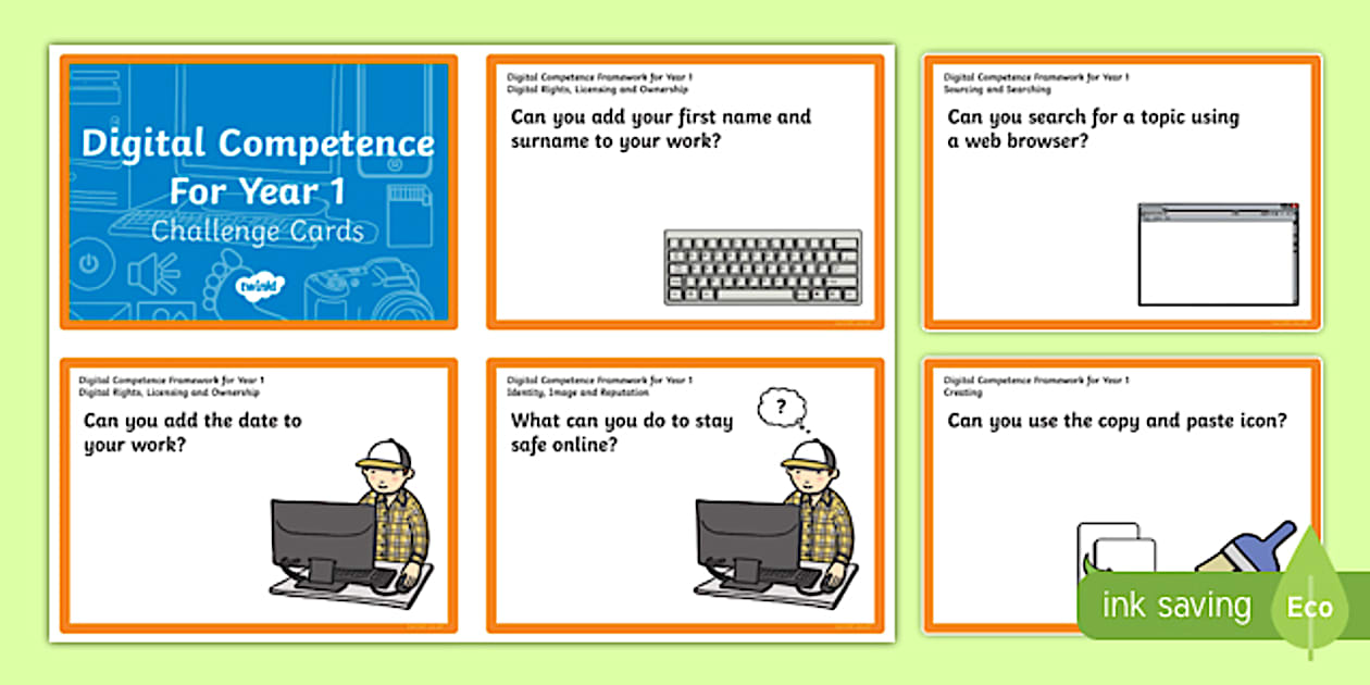 Digital Competence for Year 1 Challenge Cards-Welsh - Twinkl