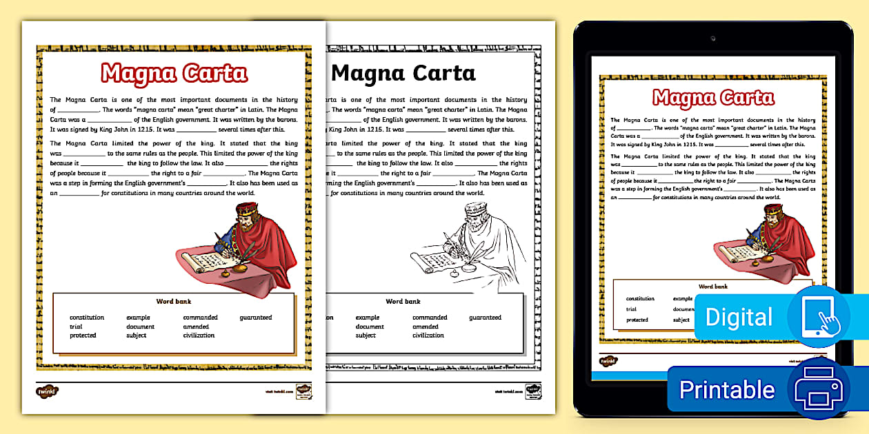 Fourth Grade Magna Carta Cloze Reading Worksheet - Twinkl