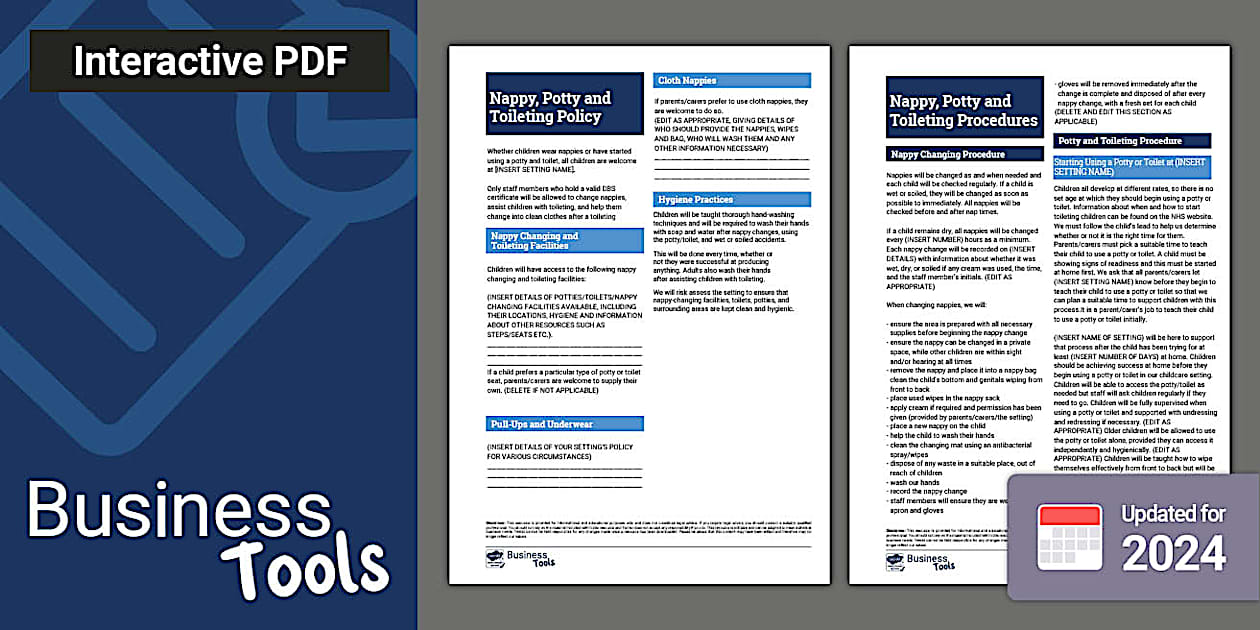 Nappy, Potty and Toileting Policy and Procedures for Private Childcare