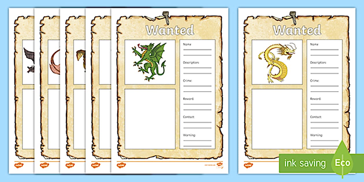 Editable KS2 Dragon Wanted Posters Writing Frames - Twinkl