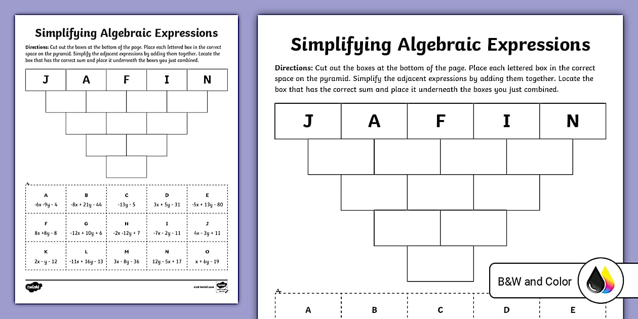 Simplifying Algebraic Expressions Pyramid Sum Puzzle