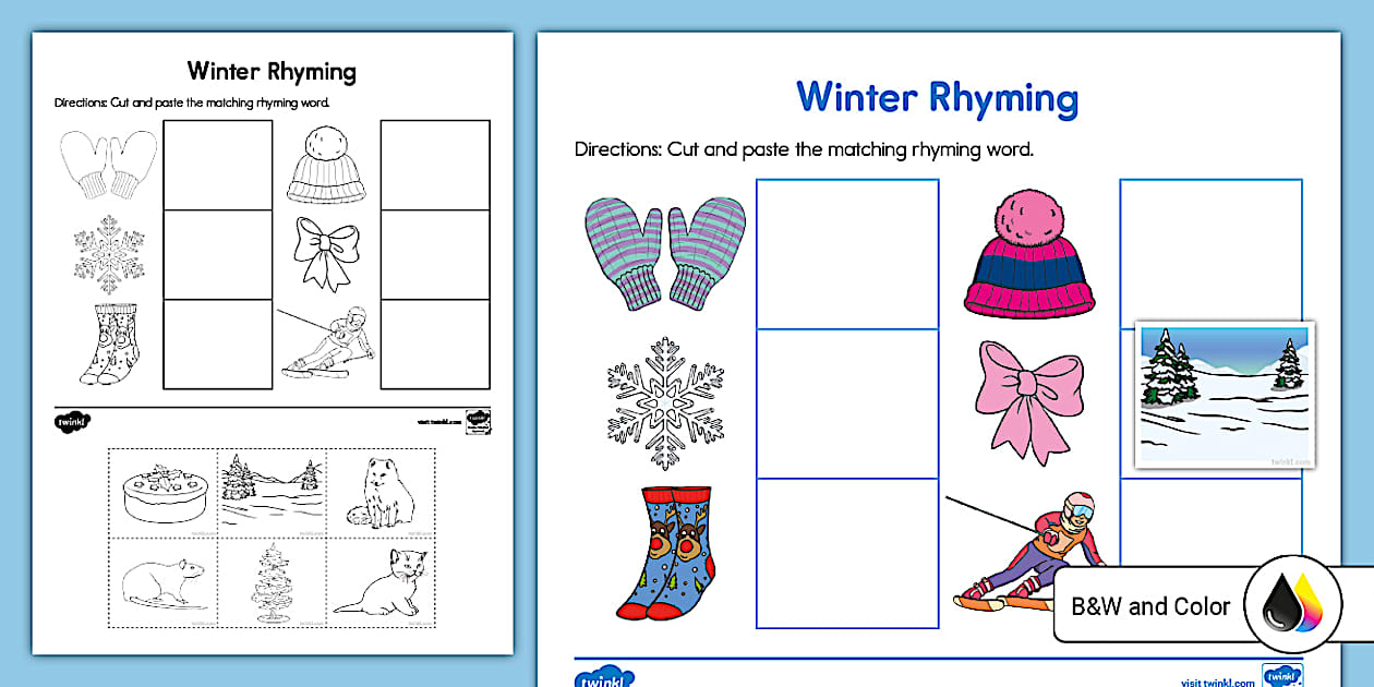 Kindergarten Winter Rhyming Cut and Paste Worksheet - Twinkl