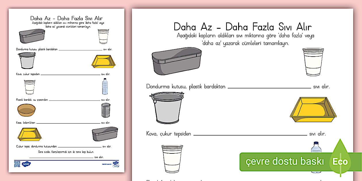 Daha Az - Daha Fazla Sıvı Ölçme Etkinlik Sayfası