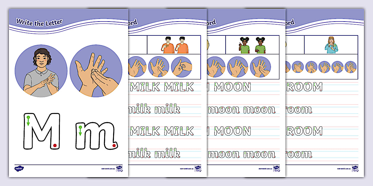 Words Starting with M Handwriting Worksheets with Auslan