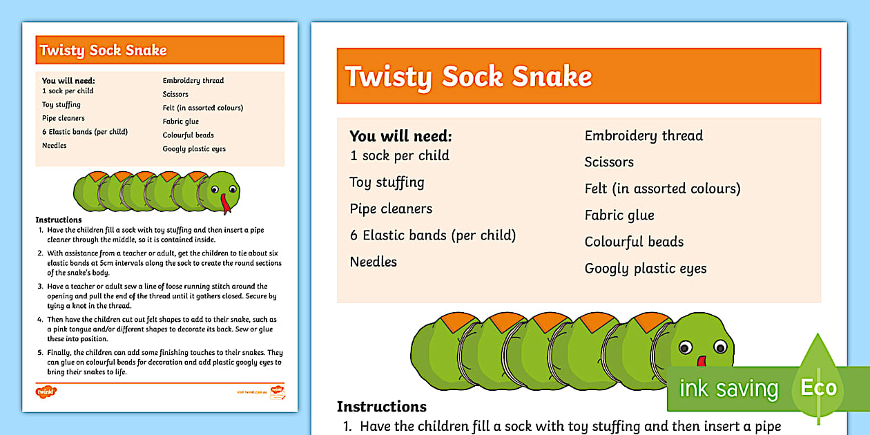 Twisty Sock Snake Craft - English (teacher made) - Twinkl