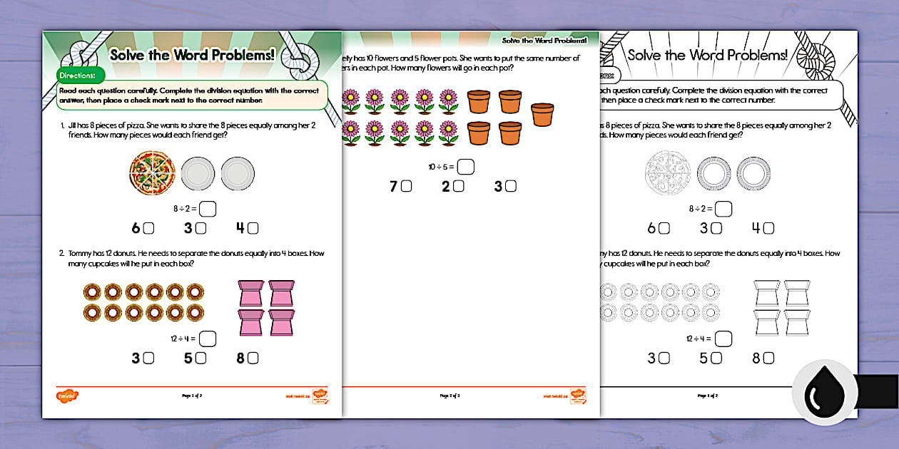 Solving Division Word Problems Activity Sheet (teacher made)