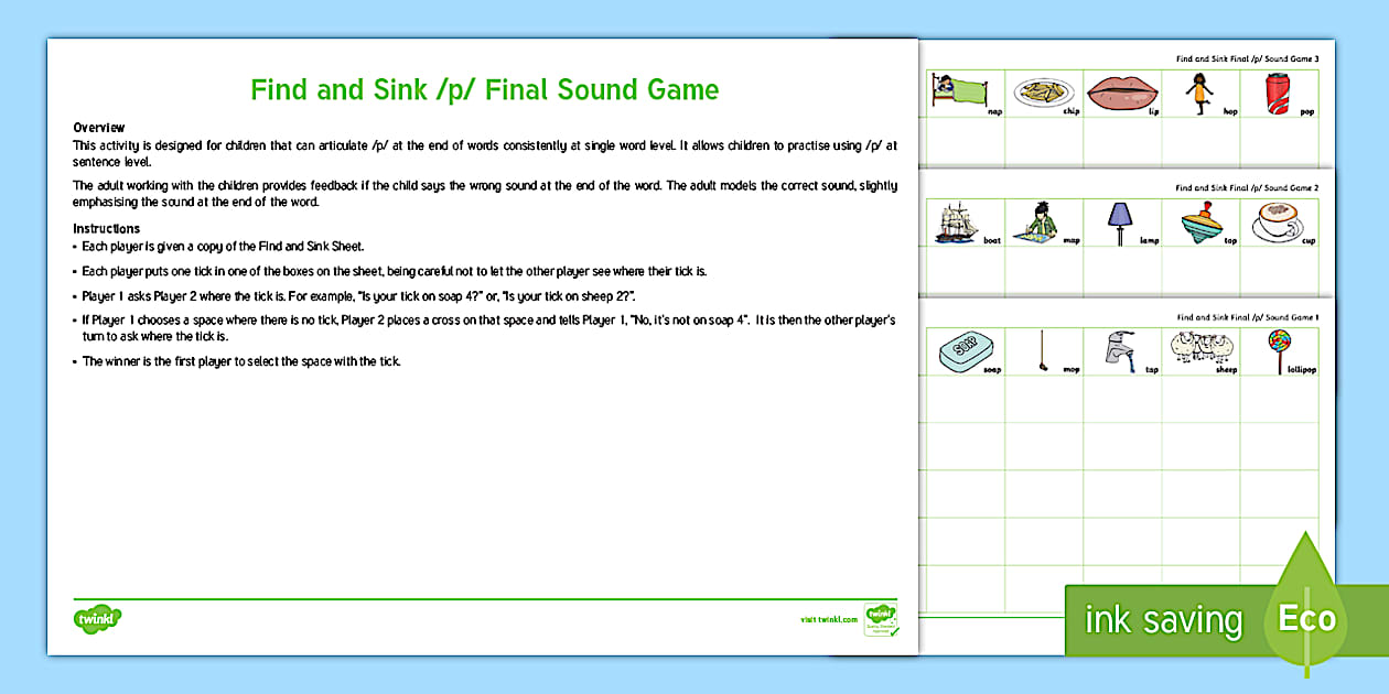 Black and White Find and Sink /p/Final Sound Game Worksheet