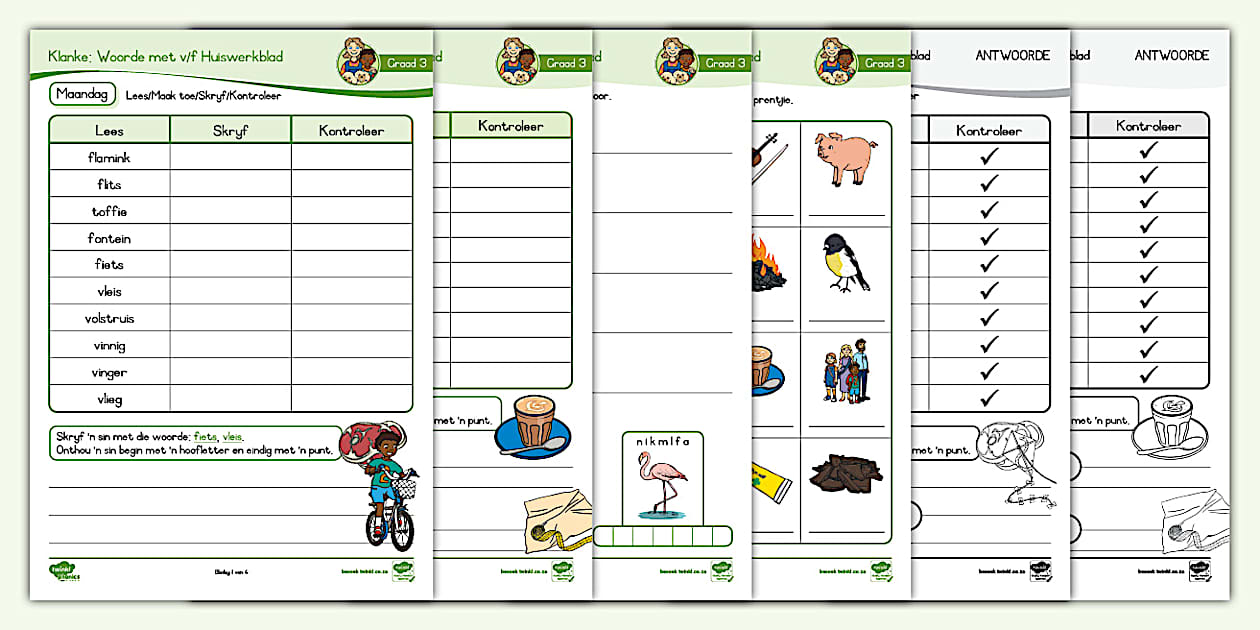 Graad 3 Klanke Huiswerkblad Woorde met v/f (teacher made)