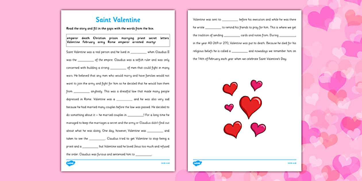 Black and White Saint Valentine Cloze with Word Bank Worksheet