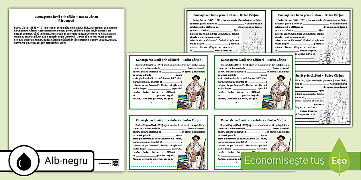 Badea Cârțan – Fișă recapitulativă de lipit în caiet