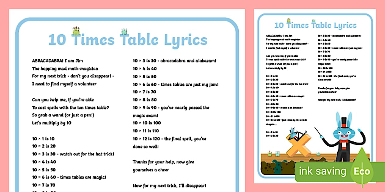 👉 Ten Times Tables Song Lyrics Poster | Twinkl Go!