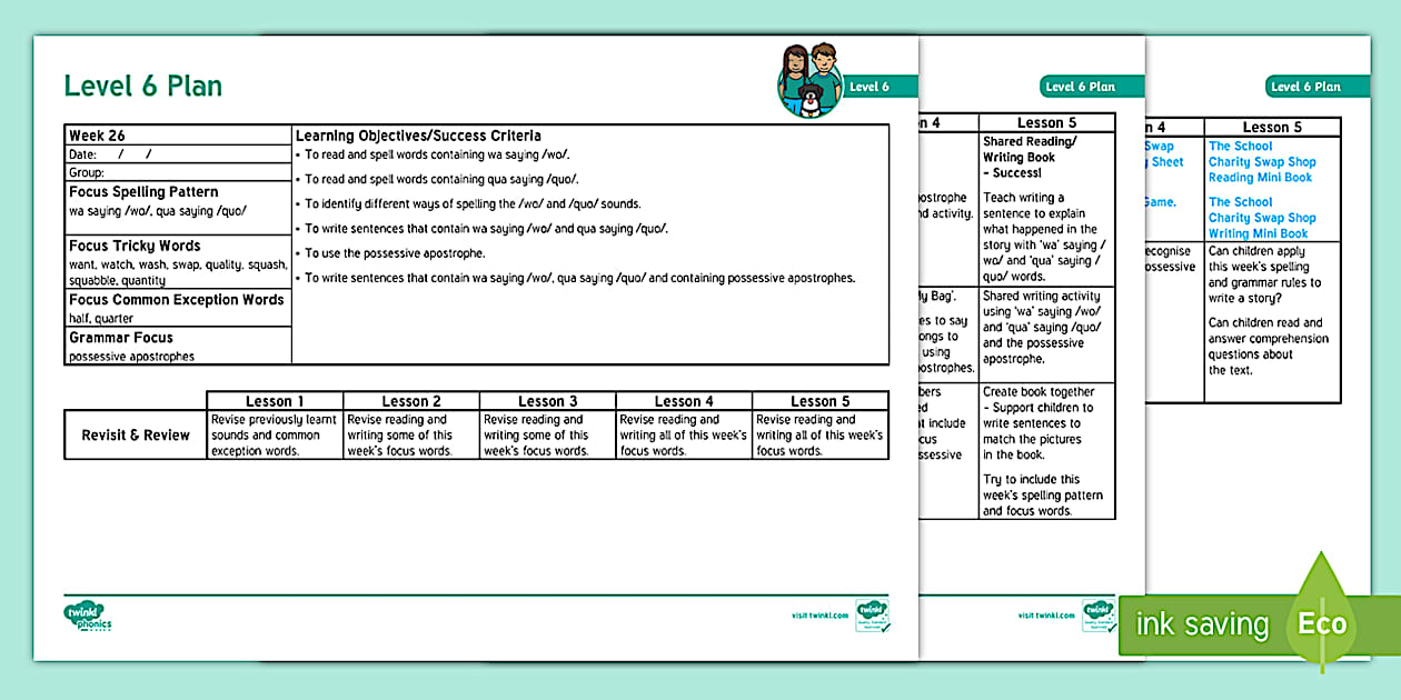 'wa' saying /wo/ and 'qua' saying /quo/ Lesson Plan - Level 6 Week 26