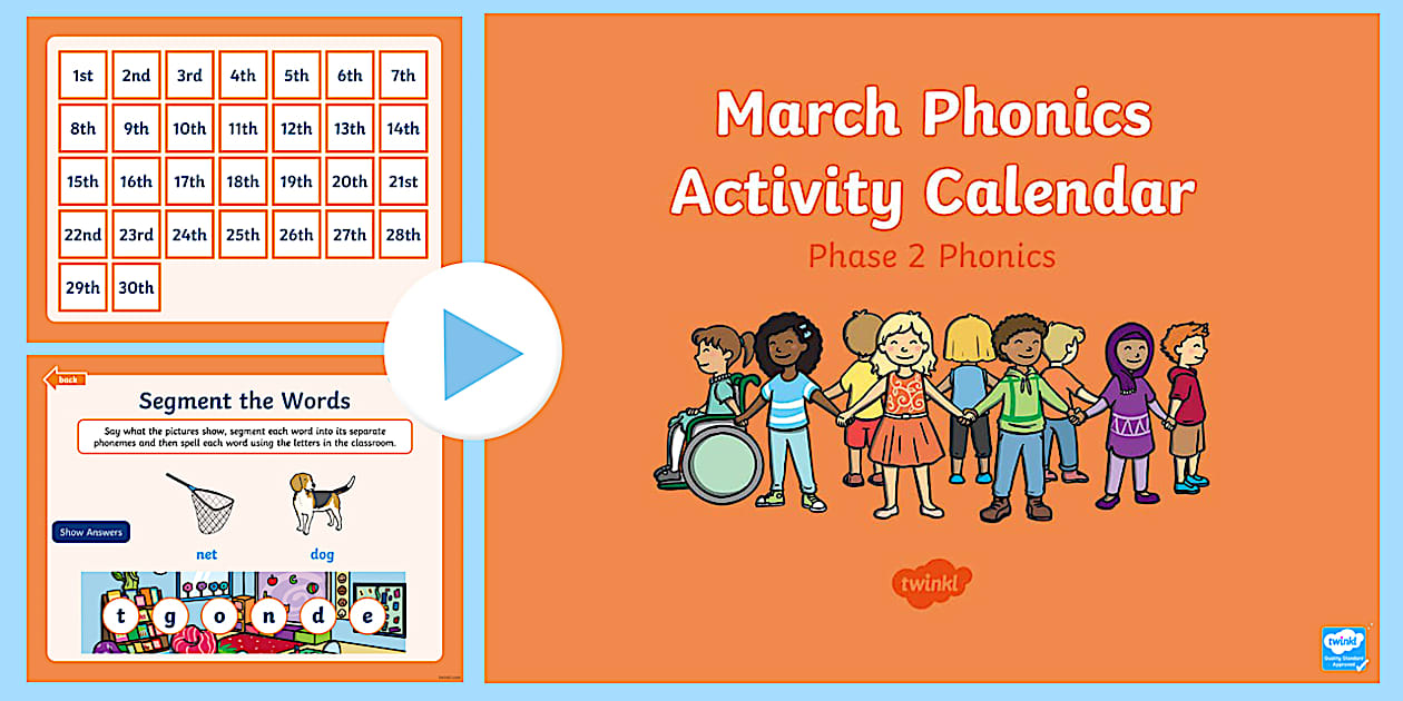 Phase 2 March Phonics Activity Calendar PowerPoint - Twinkl