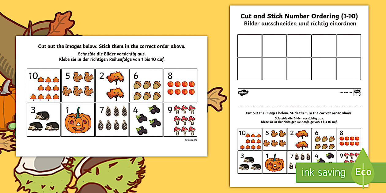 Autumn Themed Cut and Stick Number Ordering Sheets 1-10 Activity