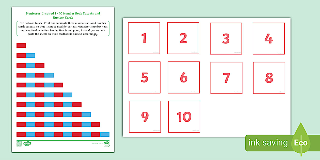 Montessori Number Rods Cut Outs with Number Cards - Twinkl